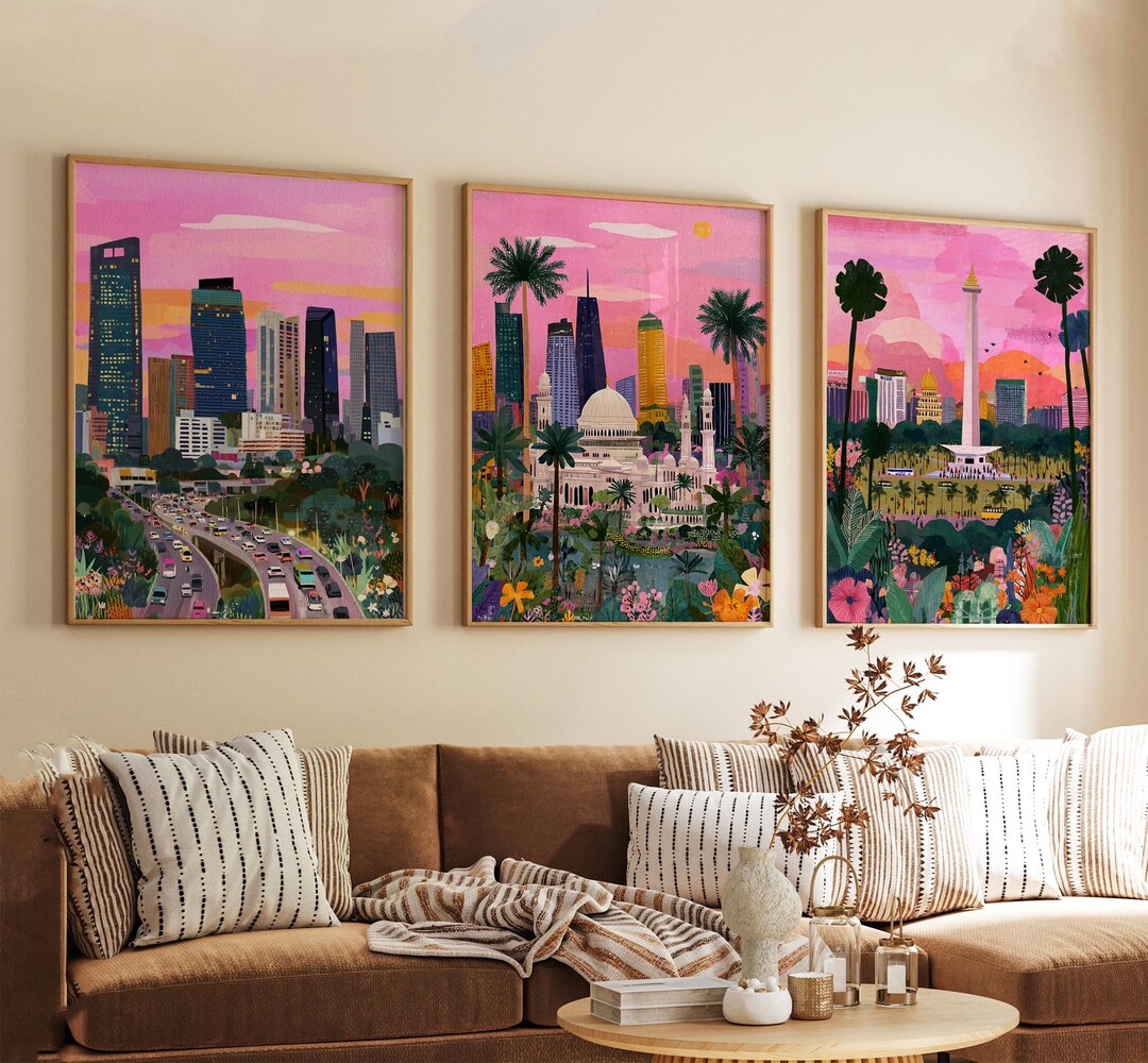 Jakarta Indonesia Poster Set of 3, Vintage Inspired City Skyline Wall ...