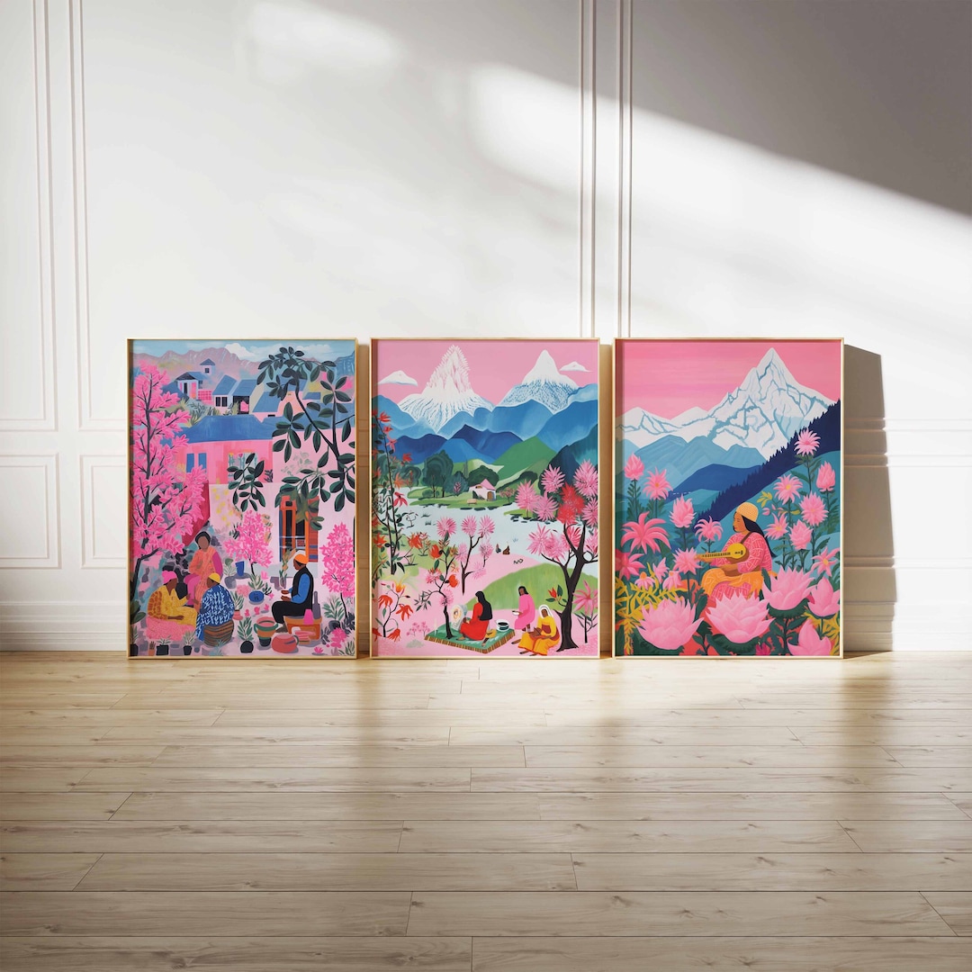 Set of 3 Nepal Poster Set, Vintage Nepalese Floral Prints, Oriental Art ...