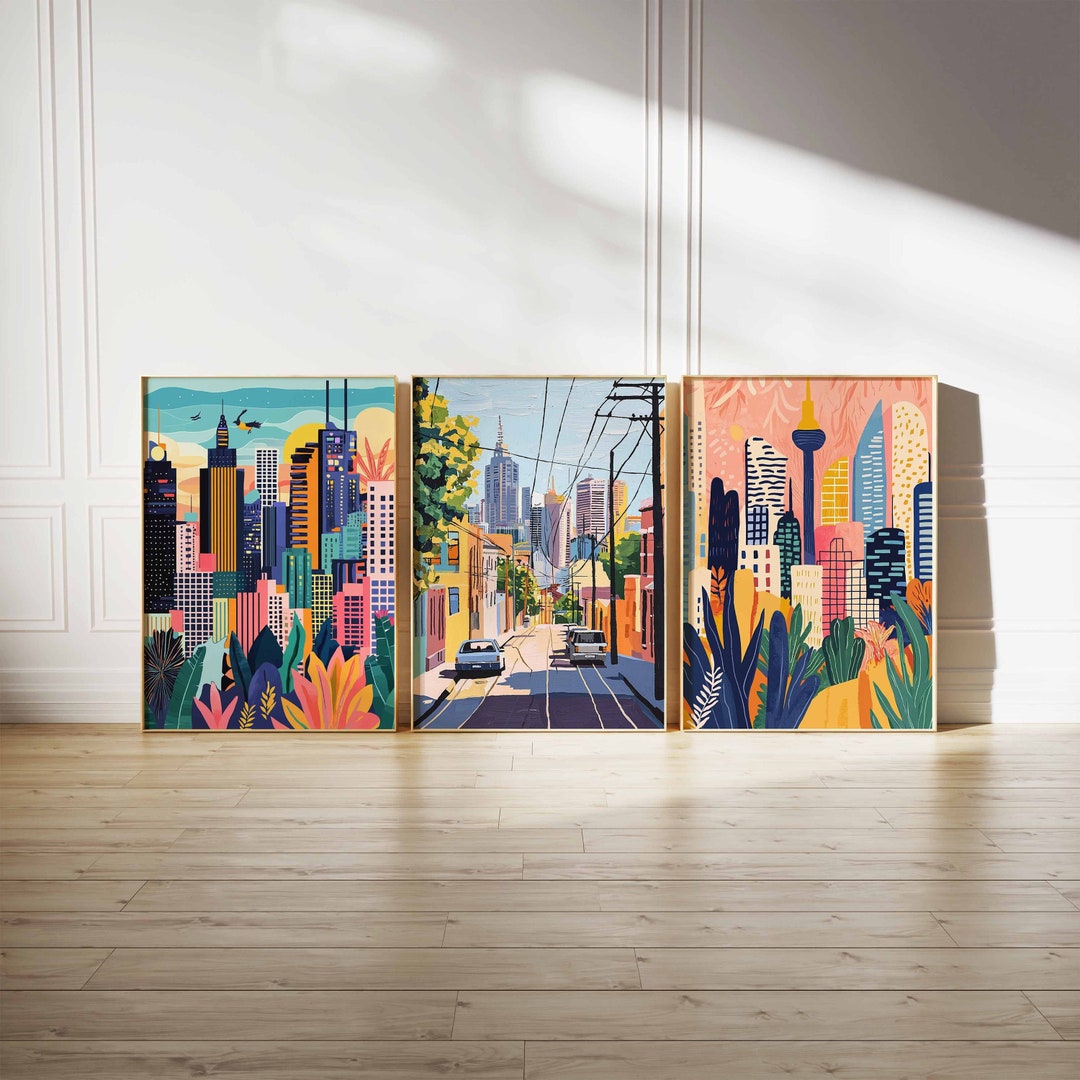 Set of 3 Melbourne Poster Set, Vintage Melbourne Art Set, Melbourne ...