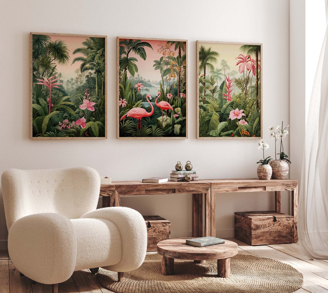 Vintage Tropical Flamingo Poster Set, Set of 3 Jungle Posters, Henri ...