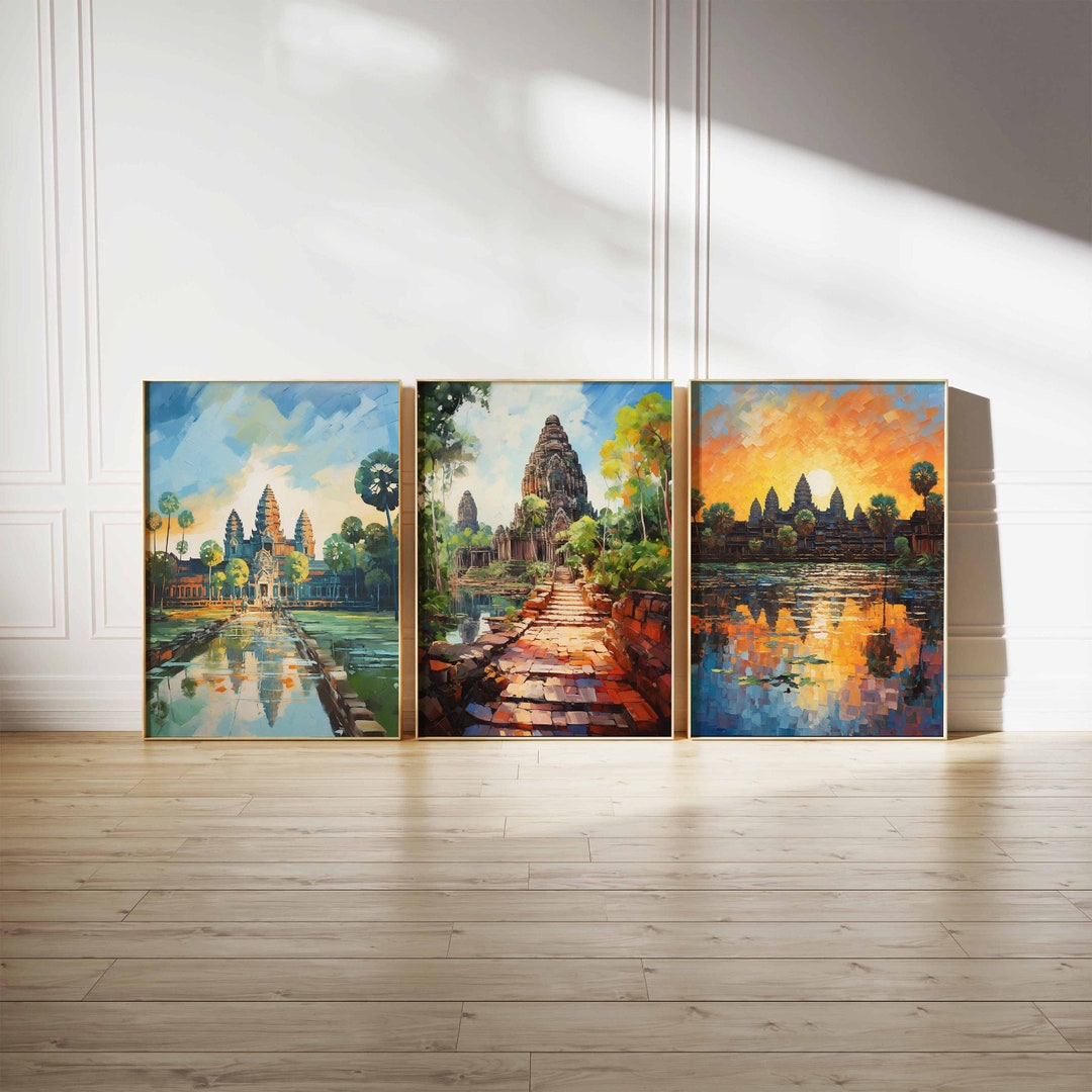 Set of 3 Cambodia Poster Set, Vintage Angkor Wat Floral Prints ...