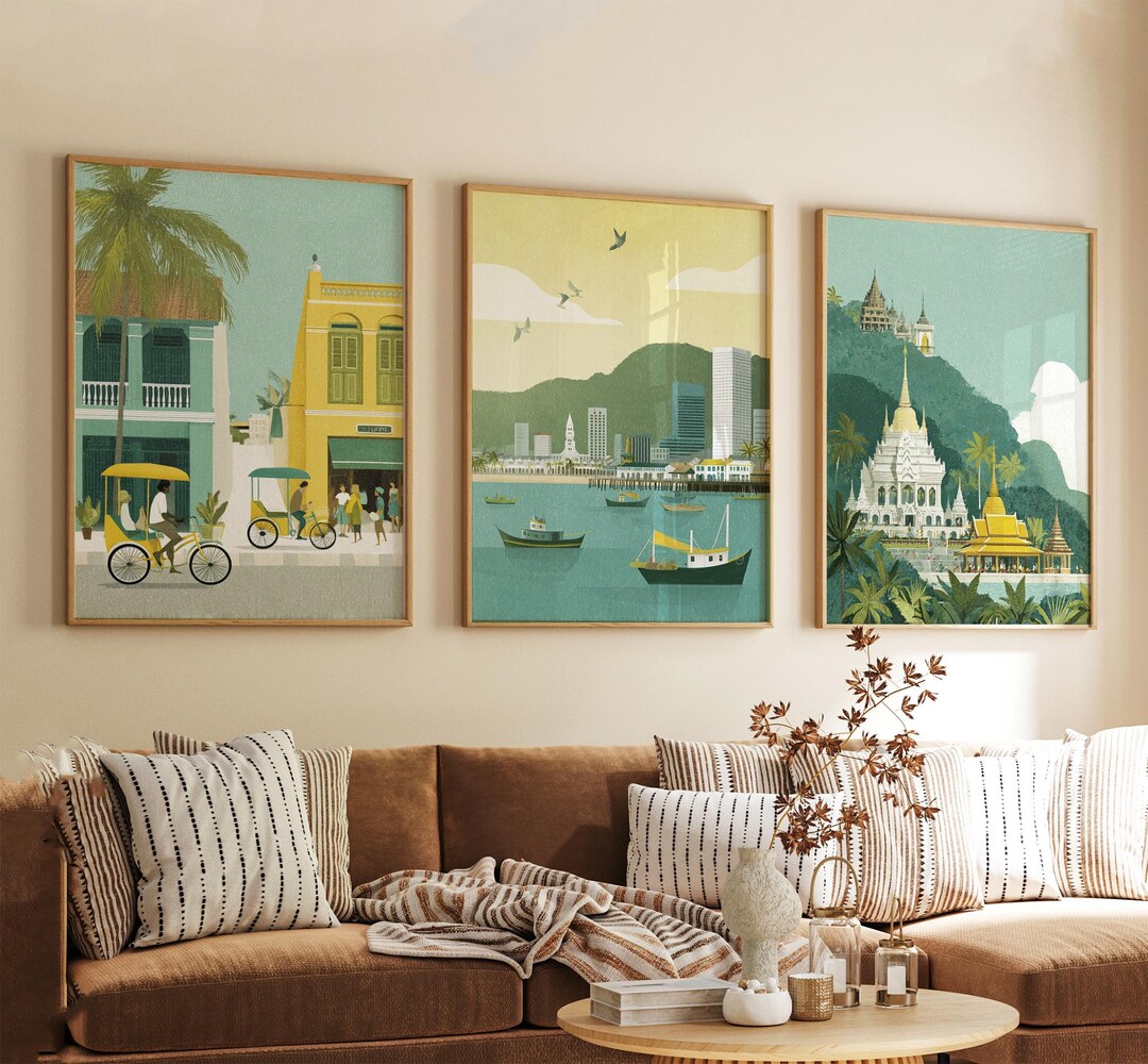 Penang Malaysia Poster Set of 3, Vintage Travel Illustration Wall Art ...