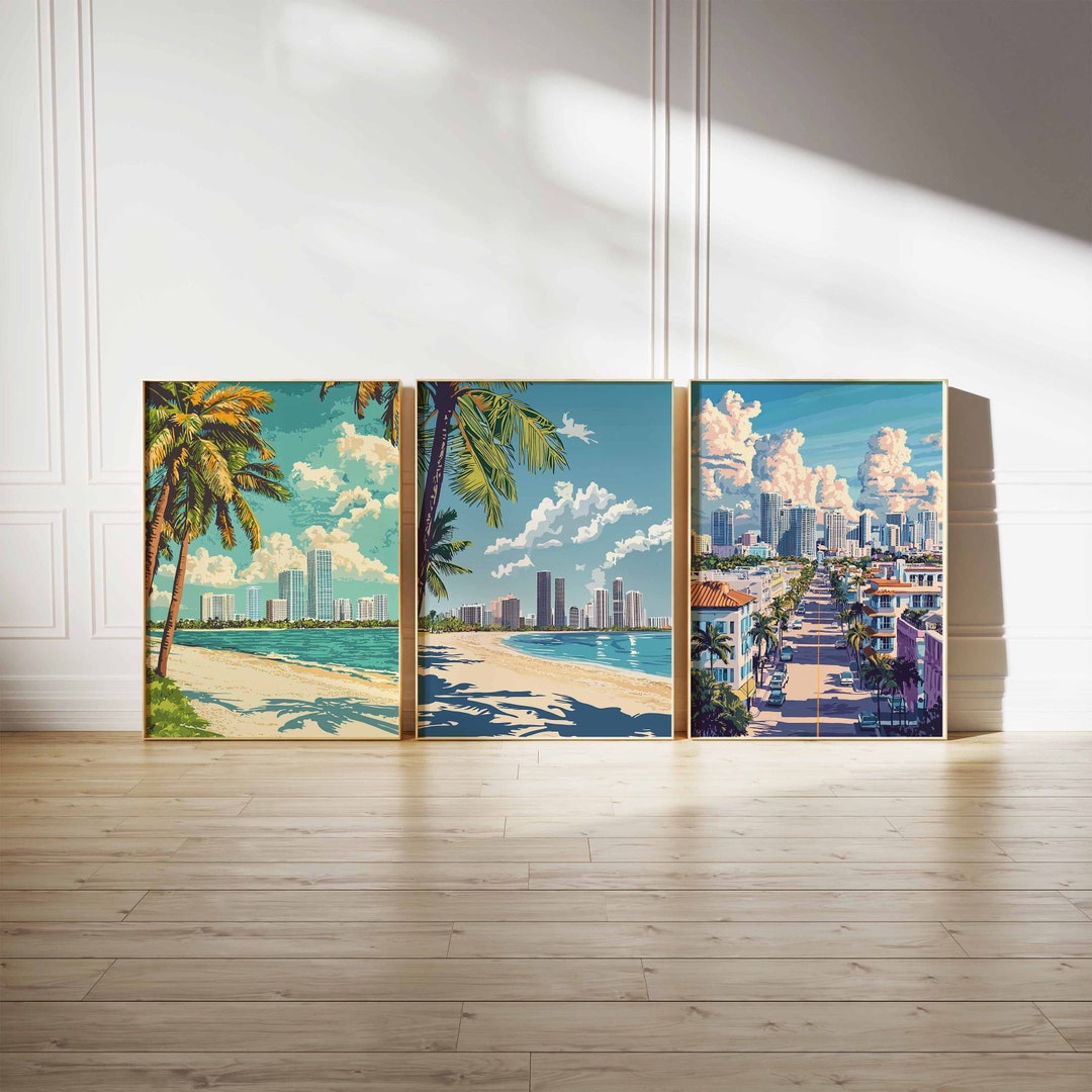 Set of 3 Miami Poster Set, Vintage Miami Art Set, Miami Poster, Florida ...