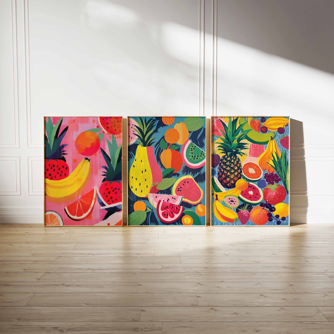 Set of 3 Fruit Posters, Tropical Fruit Mix Wall Art, Kitchen Decor ...