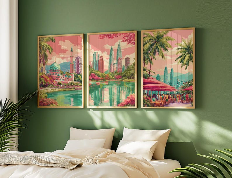 Kuala Lumpur Malaysia Poster Set of 3, Vintage Inspired City Skyline ...