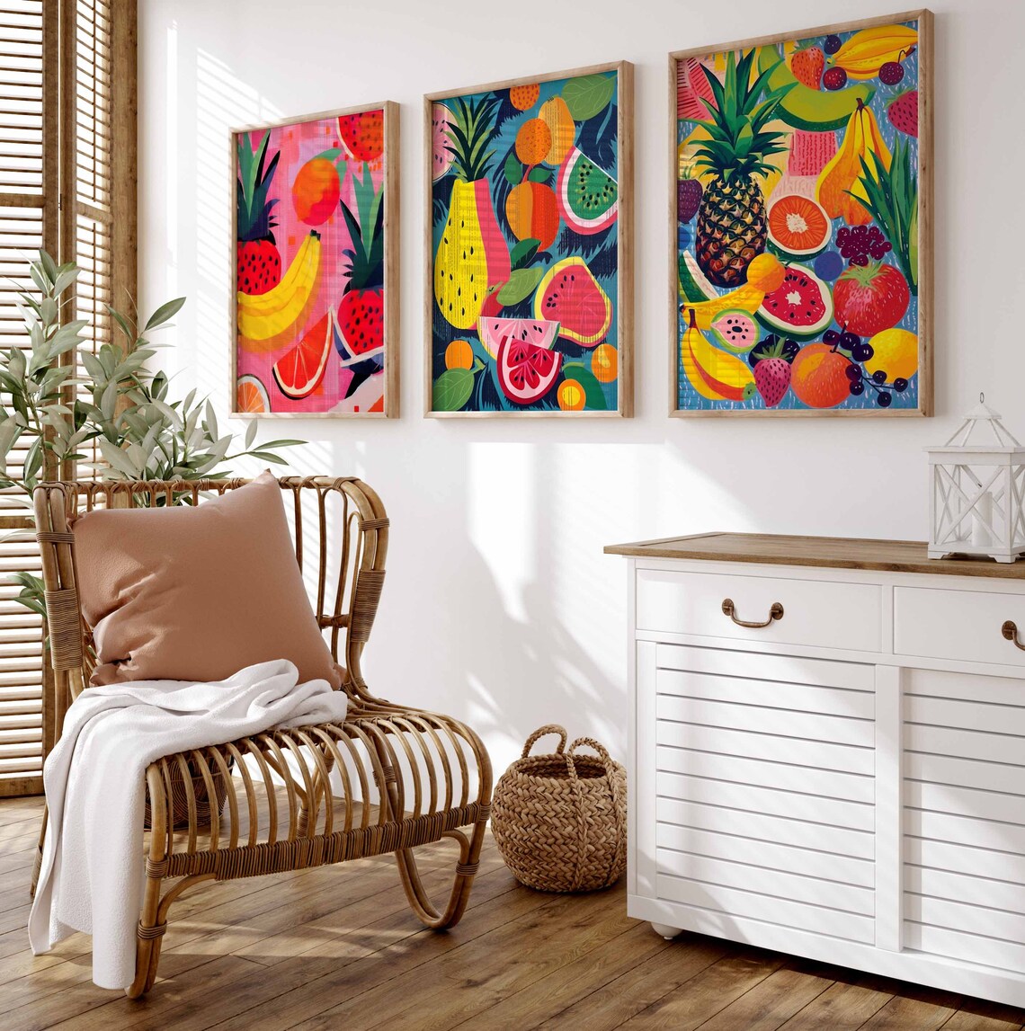 Set of 3 Fruit Posters, Tropical Fruit Mix Wall Art, Kitchen Decor ...