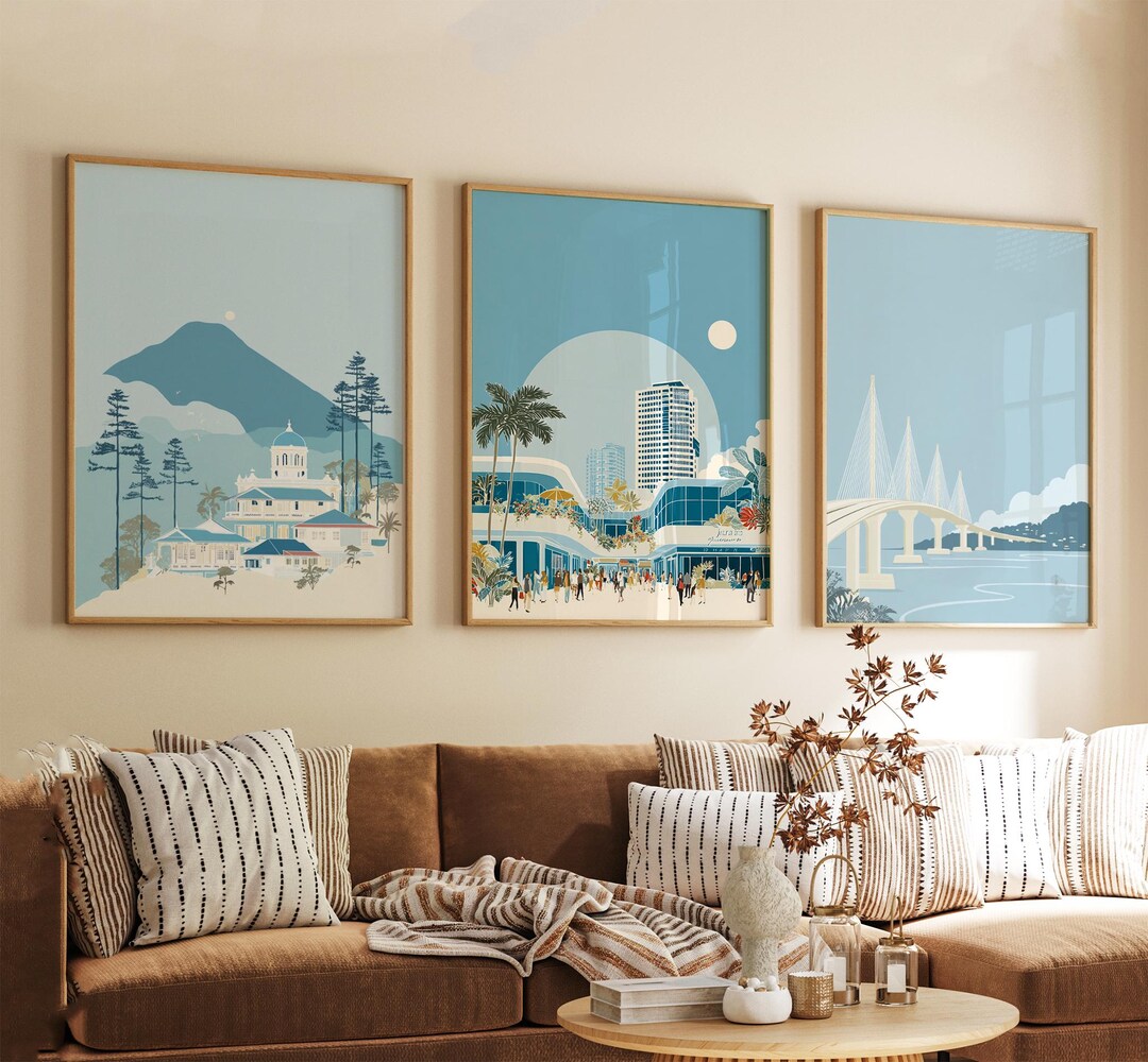 Penang Malaysia Poster Set of 3, Vintage Travel Illustration Wall Art ...
