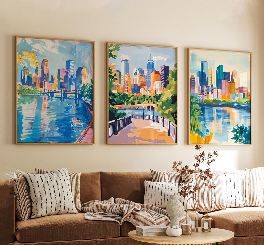 Minneapolis Minnesota Poster Set of 3 City Travel Wall Art Usa Skyline ...