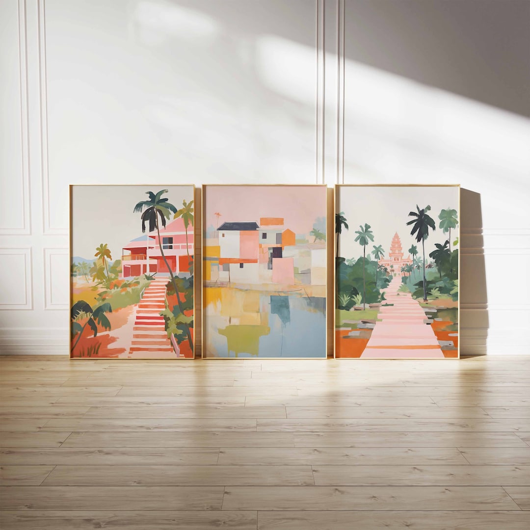 Set of 3 Cambodia Poster Set, Vintage Angkor Wat Floral Prints ...