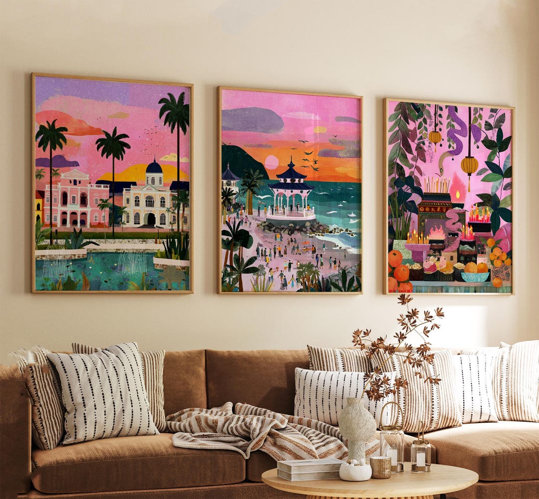 Penang Malaysia Poster Set of 3, Vintage Travel Illustration Wall Art ...