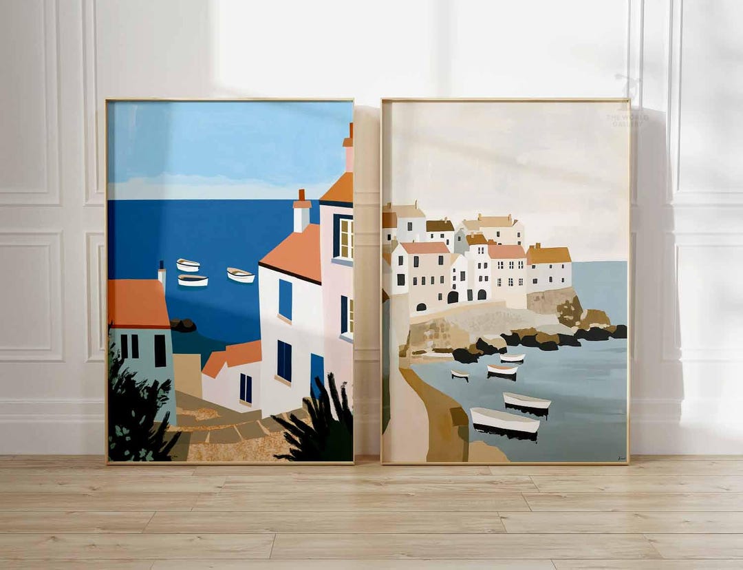 Set of 2 Mousehole Posters, Cornwall Travel Prints, UK Coastal Wall Art ...
