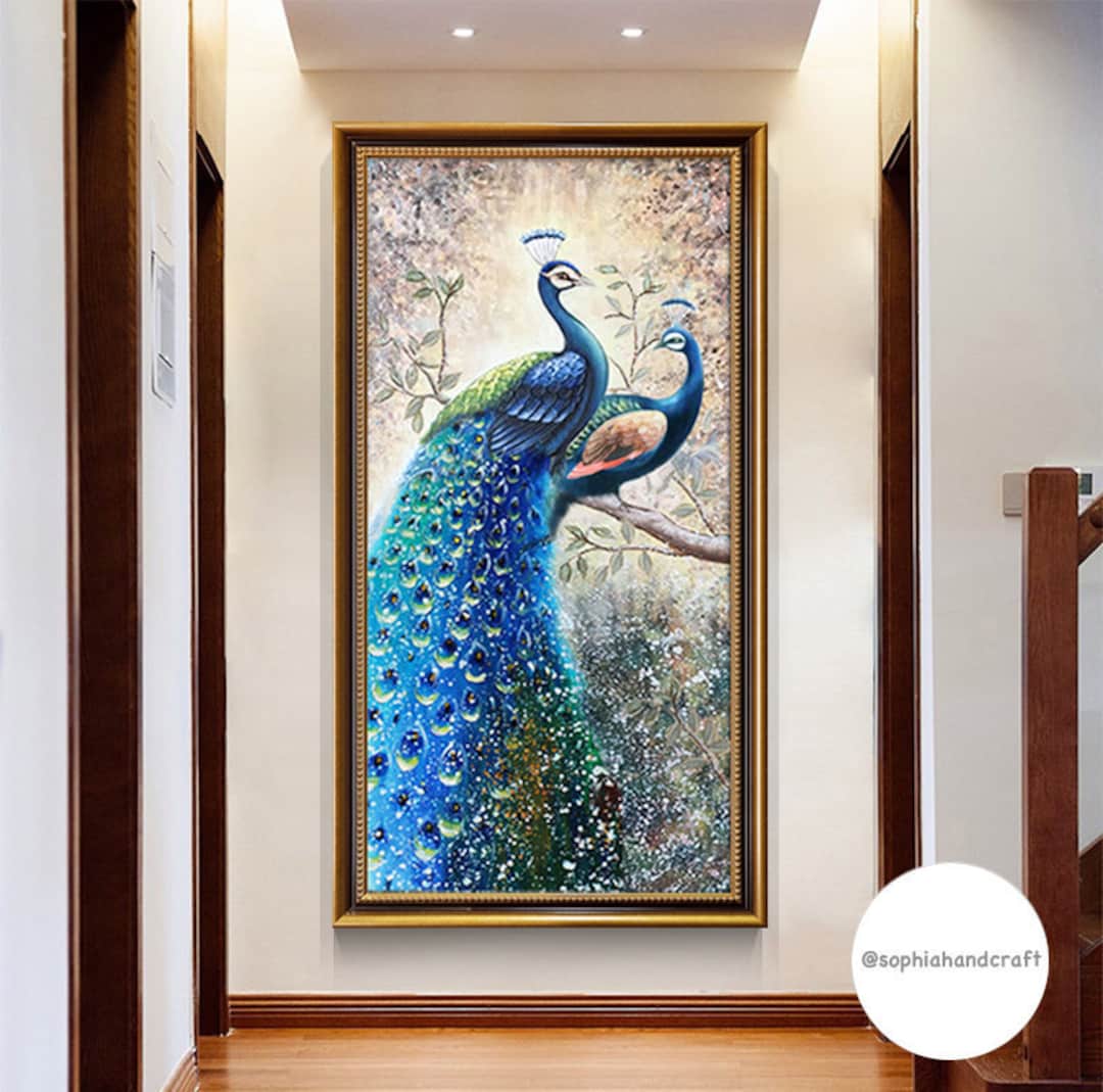 Hand-painted Peacock Oil Painting on Canvas: 3D Texture Wall Art - Etsy