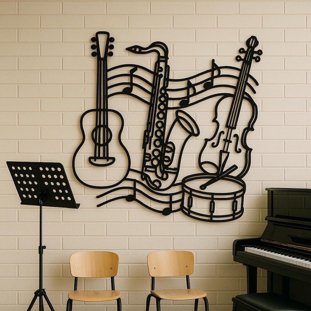 Musical Instruments Metal Wall Art: Guitar, Saxophone, Violin & Drums ...