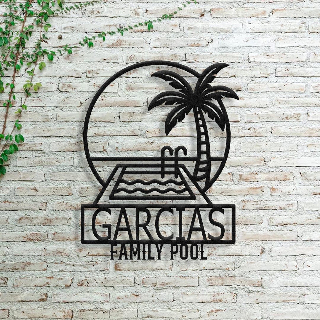 Custom Family Pool Metal Sign , Tropical Palm Tree & Swimming Pool ...