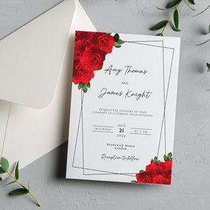 Red Wedding Invitation Template With Roses, Red Floral Black Frame ...