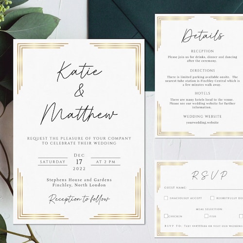 Gold Wedding Invitation Template Set Gold Frame Wedding - Etsy