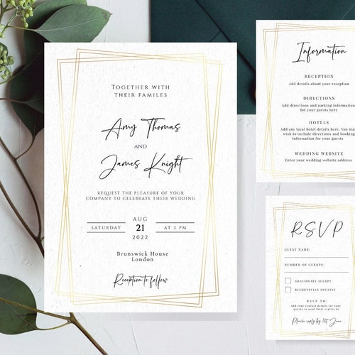 Gold Wedding Invitation Template Set Gold Frame Wedding - Etsy