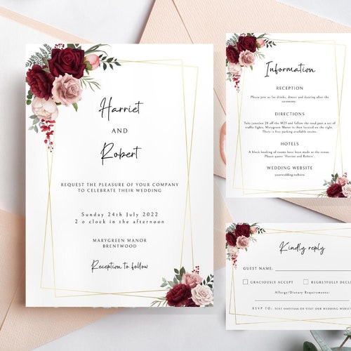 Red Wedding Invitation Template Set Burgundy and Dusty Pink - Etsy
