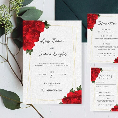 Red Rose Wedding Invitation Template Set Dark Red Floral Gold - Etsy