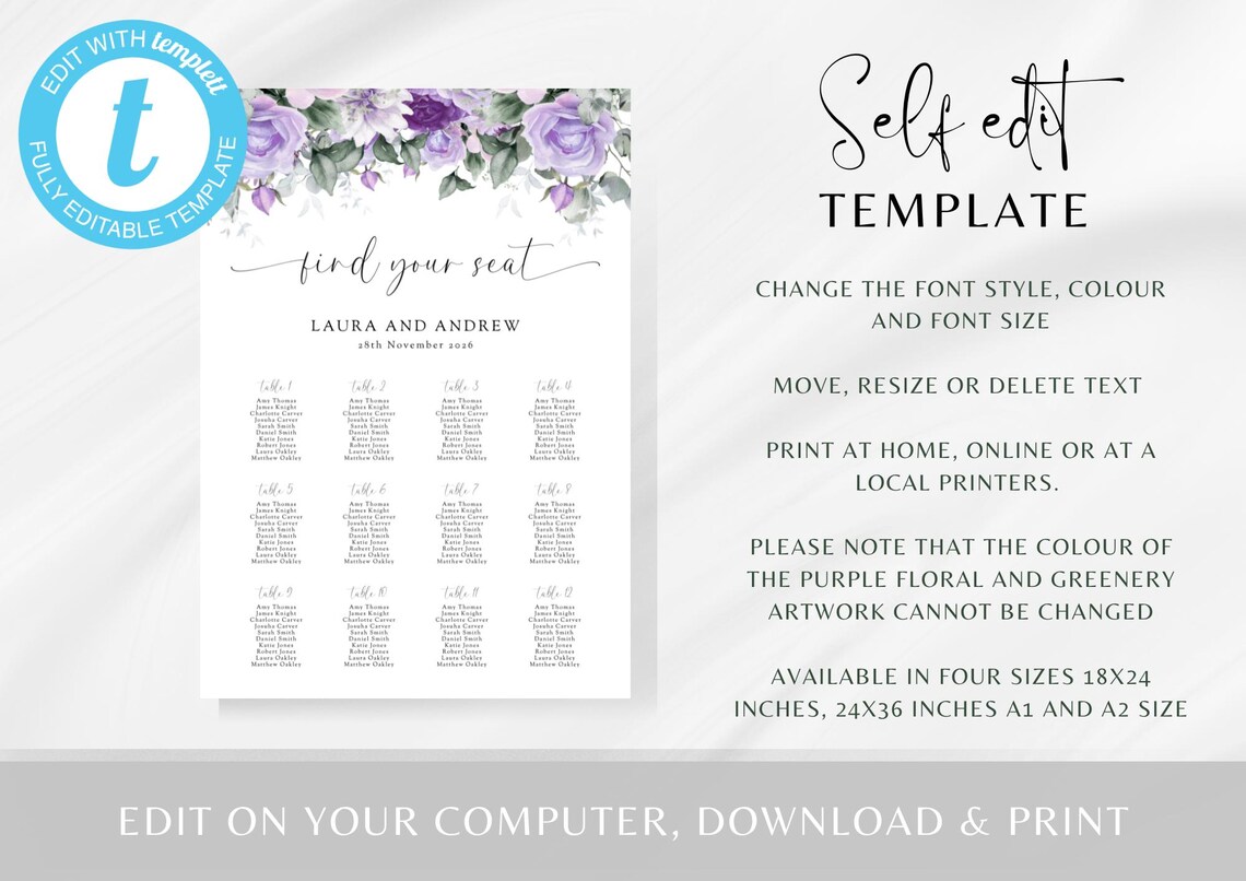 Purple Table Plan Template, Wedding Editable Seating Chart Sign, Lilac ...