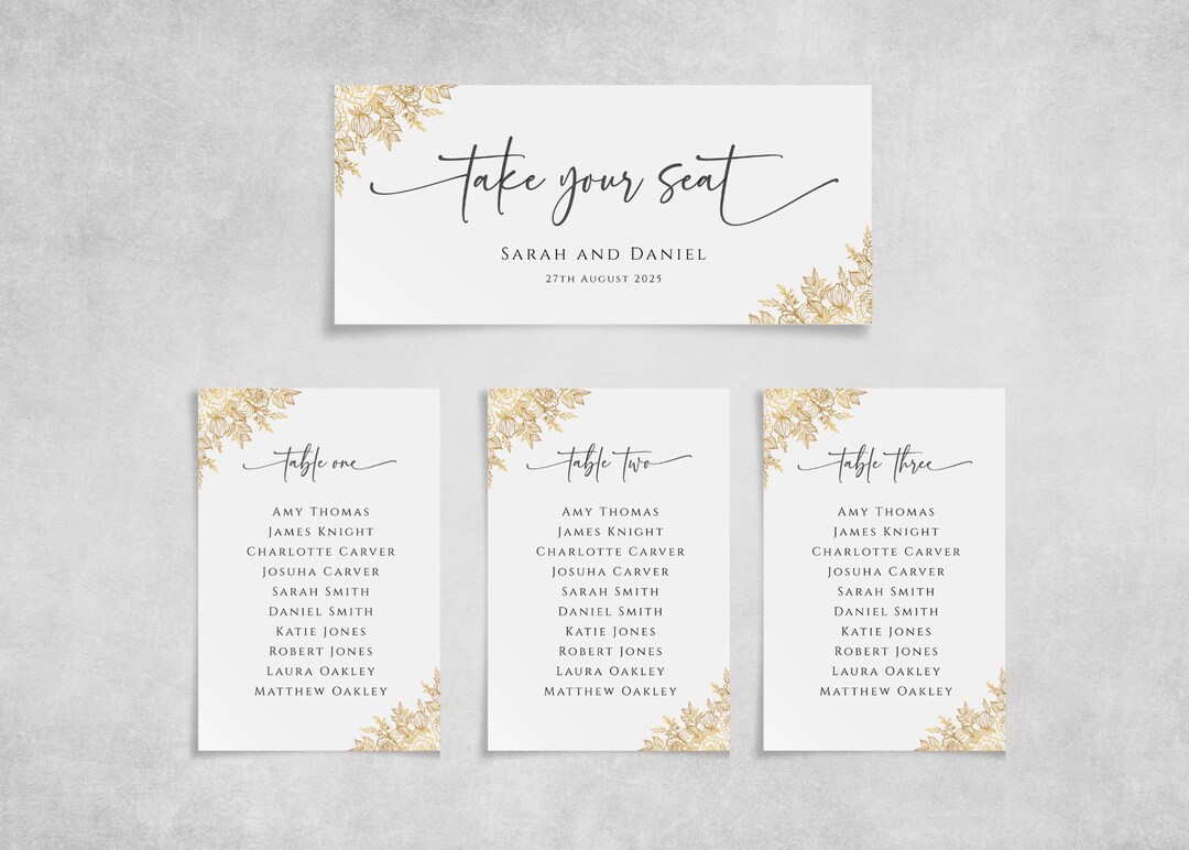 Wedding Table Plan Template, Gold Seating Chart Cards, Elegant Gold ...