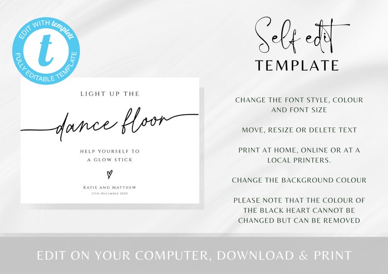 Wedding Glow Stick Sign Template Printable, Modern Light up the Dance ...