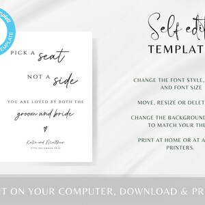 Pick a Seat Not a Side Wedding Sign Template, Minimalist Diy Wedding ...
