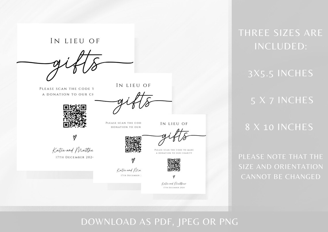 In Lieu of Gifts QR Code Sign Template, Wedding in Lieu of Gifts Card ...