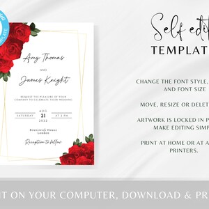 Red Wedding Invitation Template Set, Red Rose Floral With Gold Frame ...