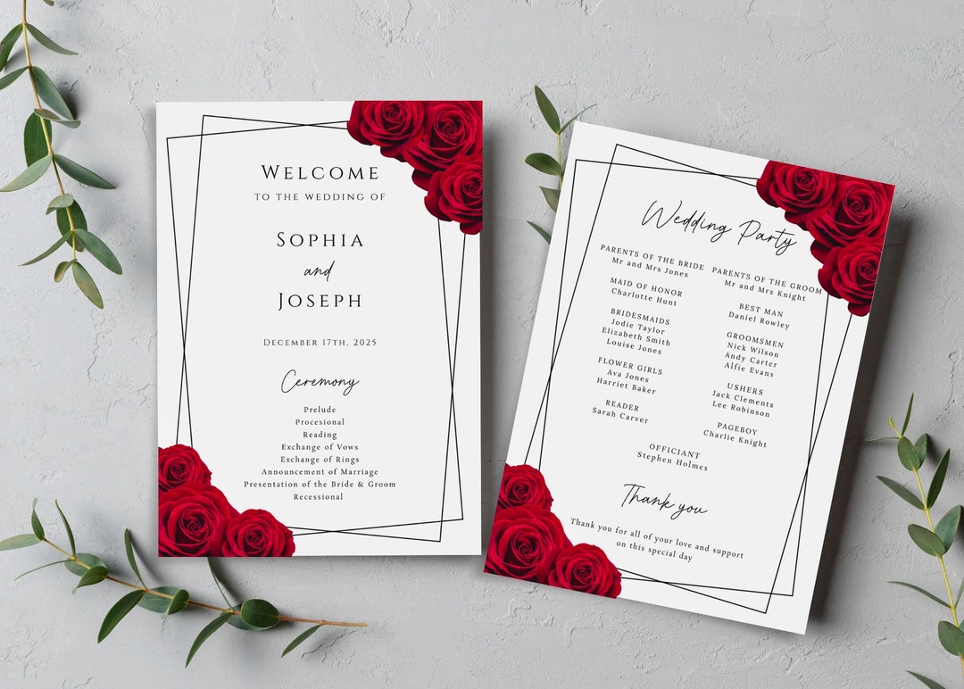 Wedding Program Template, Red Rose Wedding Order of Service, Black ...