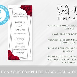 Wedding Program Template, Red Rose Wedding Order of Service, Tall ...