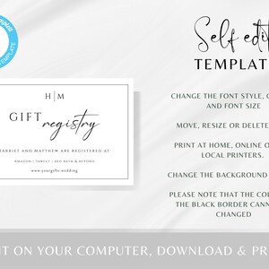 Gift Registry Card Template, Monogram Wedding Registry Enclosure Card ...