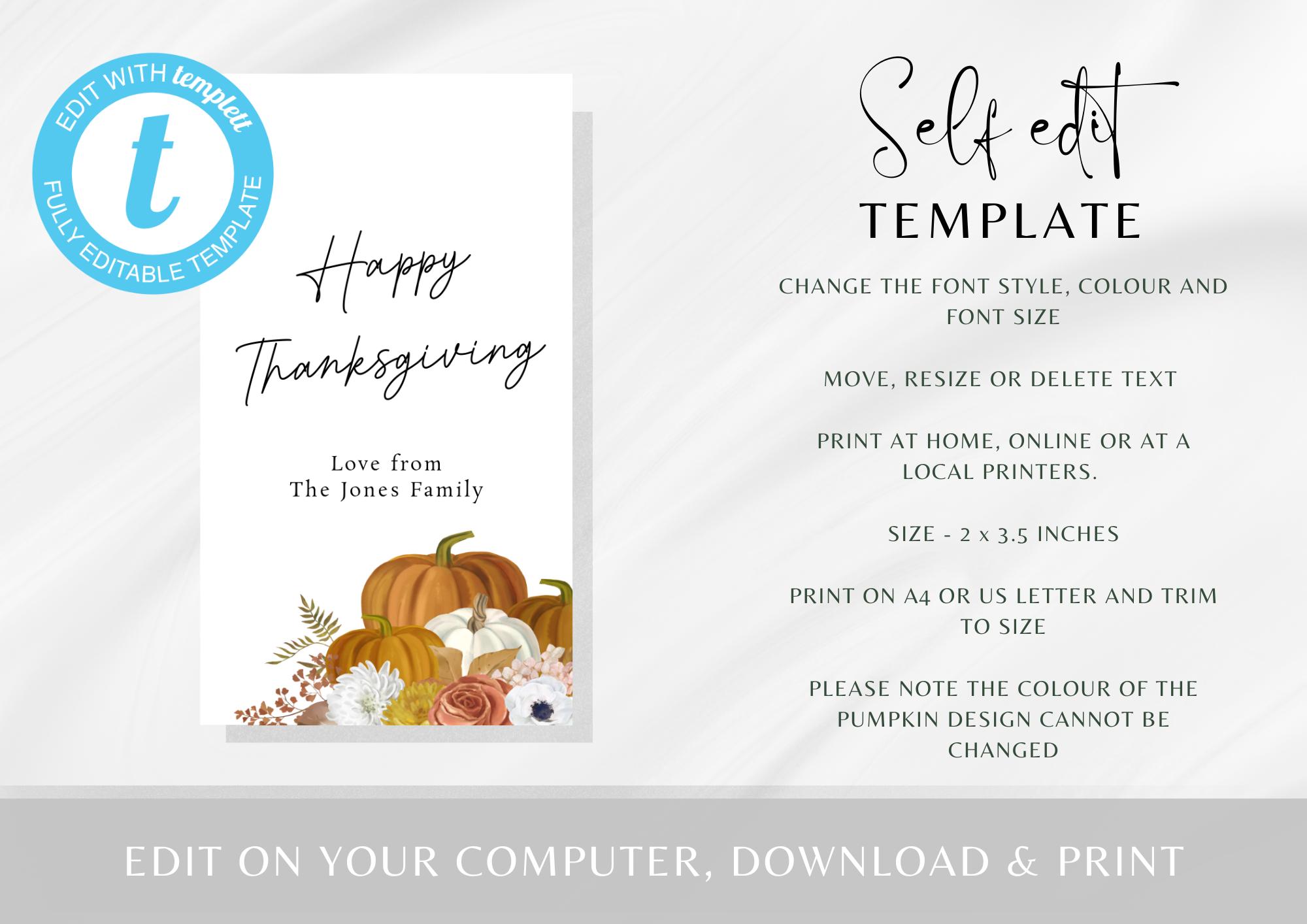 Pumpkin Thanksgiving Gift Tag Template, Printable & Editable Party Tags ...