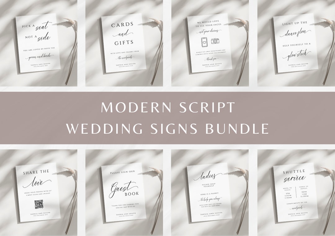 Modern Script Wedding Signs Bundle Printables, Diy Editable Black ...