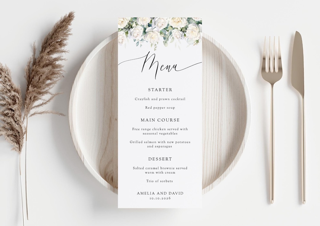 White Rose Menu Template, Editable Tall Wedding Dinner Menu, Printable ...