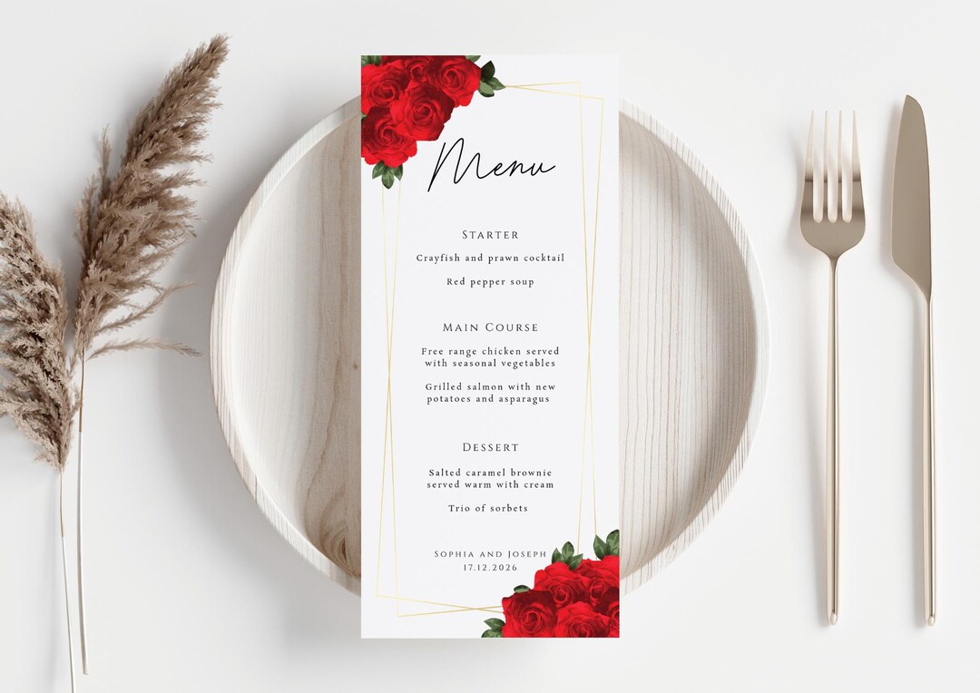 Red and Gold Menu Template, Rose Tall Wedding Menu, Editable and ...