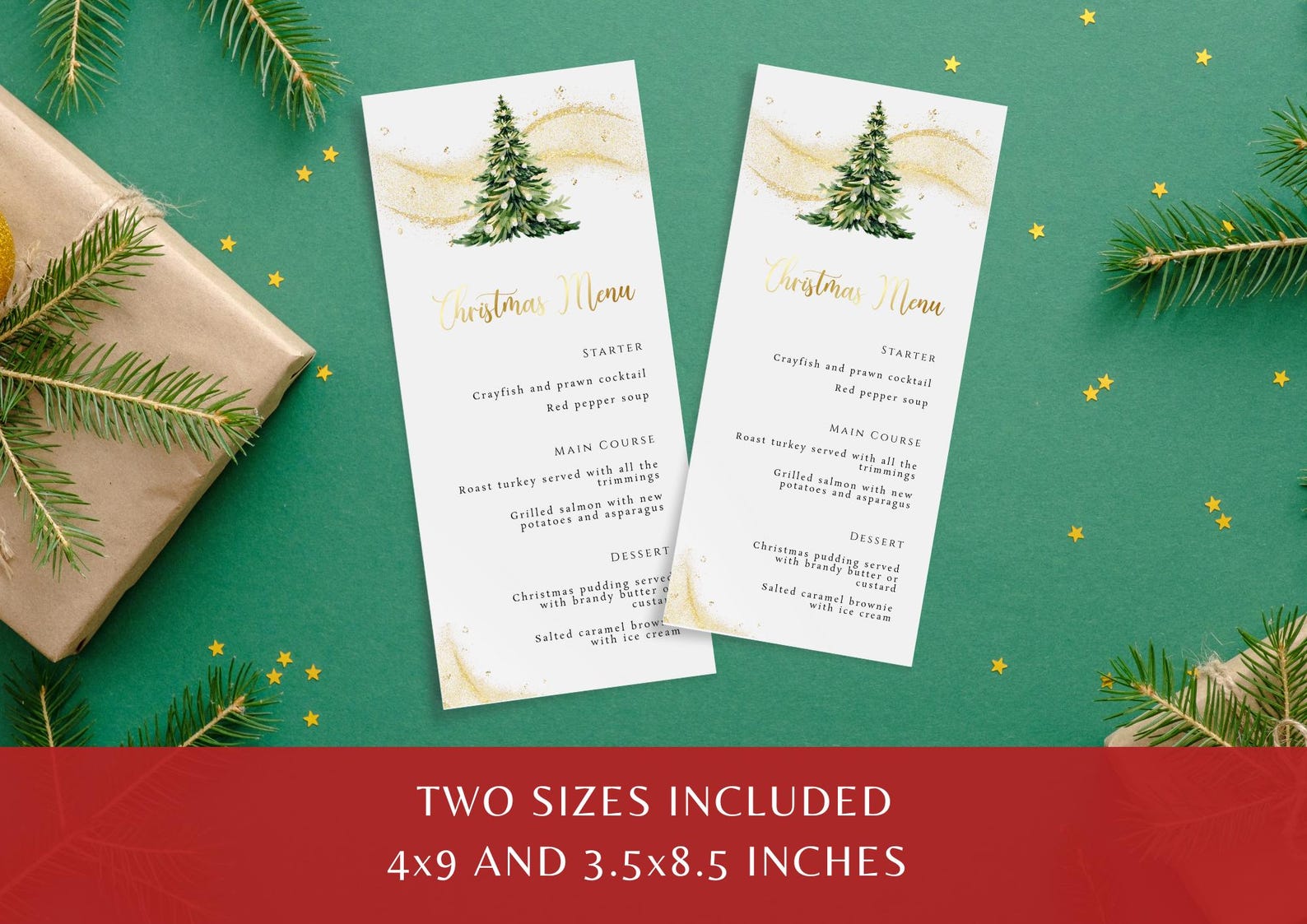 Christmas Tree Menu Printable Template, Gold & Green Festive Holiday ...