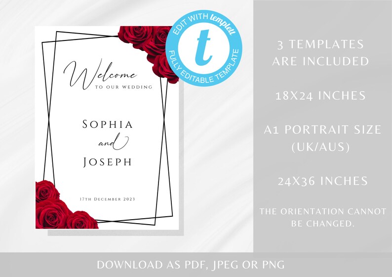 Red Wedding Welcome Sign Template Red Rose and Black Border - Etsy