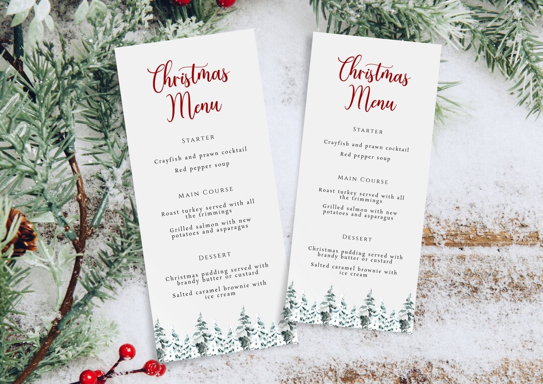 Christmas Tree Menu Template Printable Winter Snow Trees Etsy