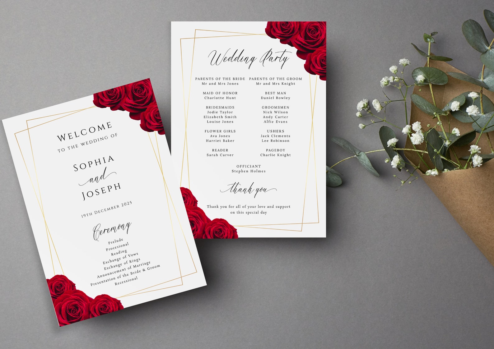 Red Wedding Program Template, Red Rose and Gold Border Printable ...