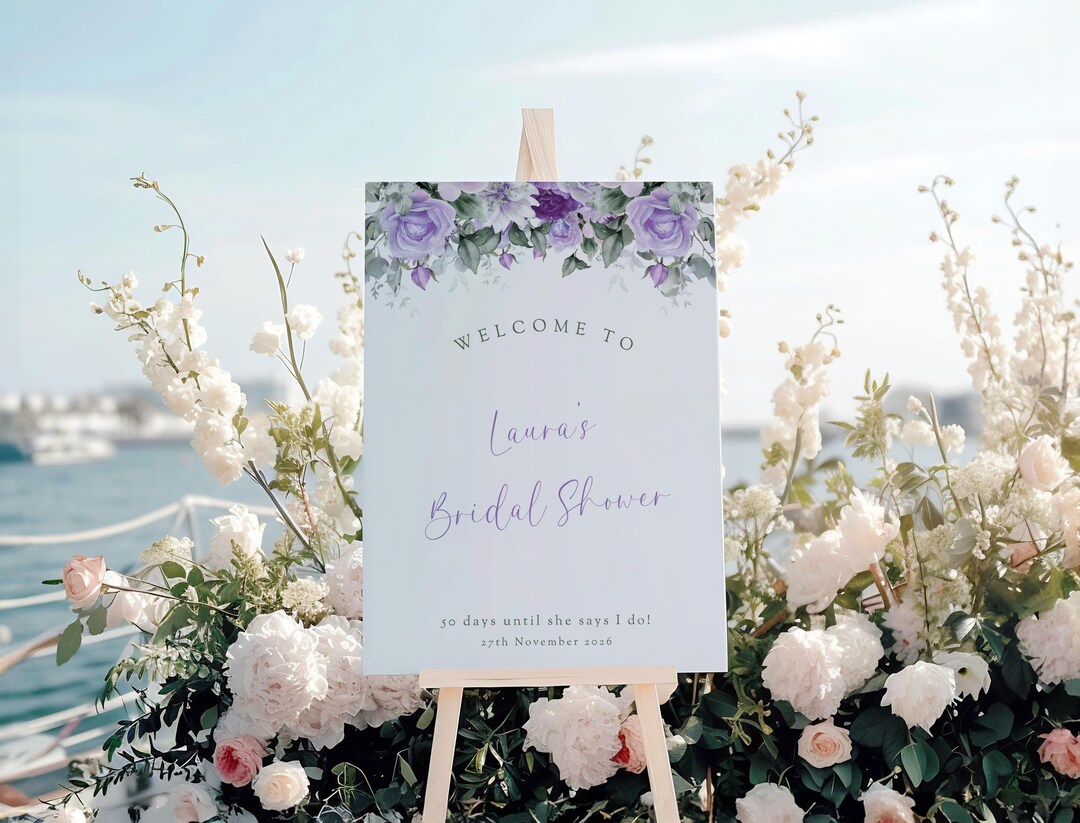 Purple Floral Bridal Shower Welcome Sign Template (digital Download ...