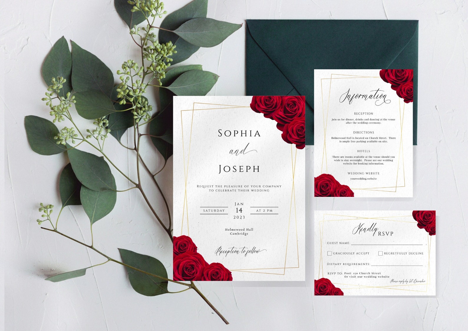 Red Rose Wedding Invitation Template Set Dark Red Floral Gold - Etsy