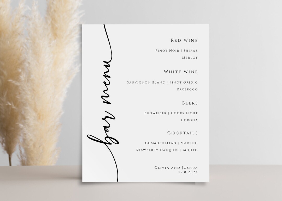Wedding Bar Menu Template, Modern Drinks Menu Sign, Printable 8x10 ...
