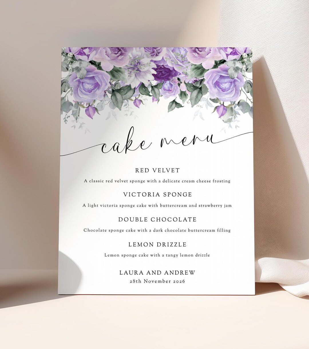 Purple Wedding Cake Menu Sign Template, Printable Lilac Floral and ...