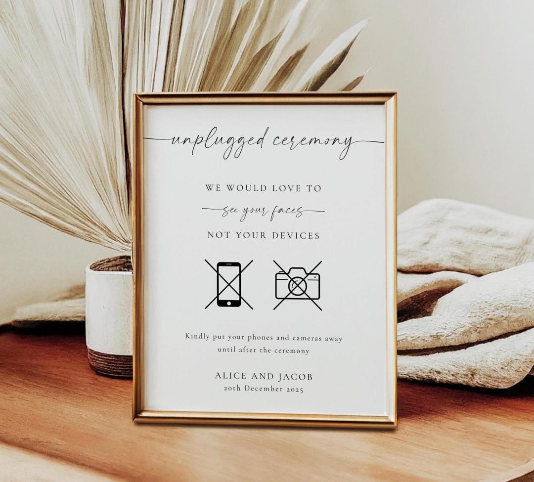 Unplugged Ceremony Sign: Script Wedding, No Phones or Cameras (editable ...