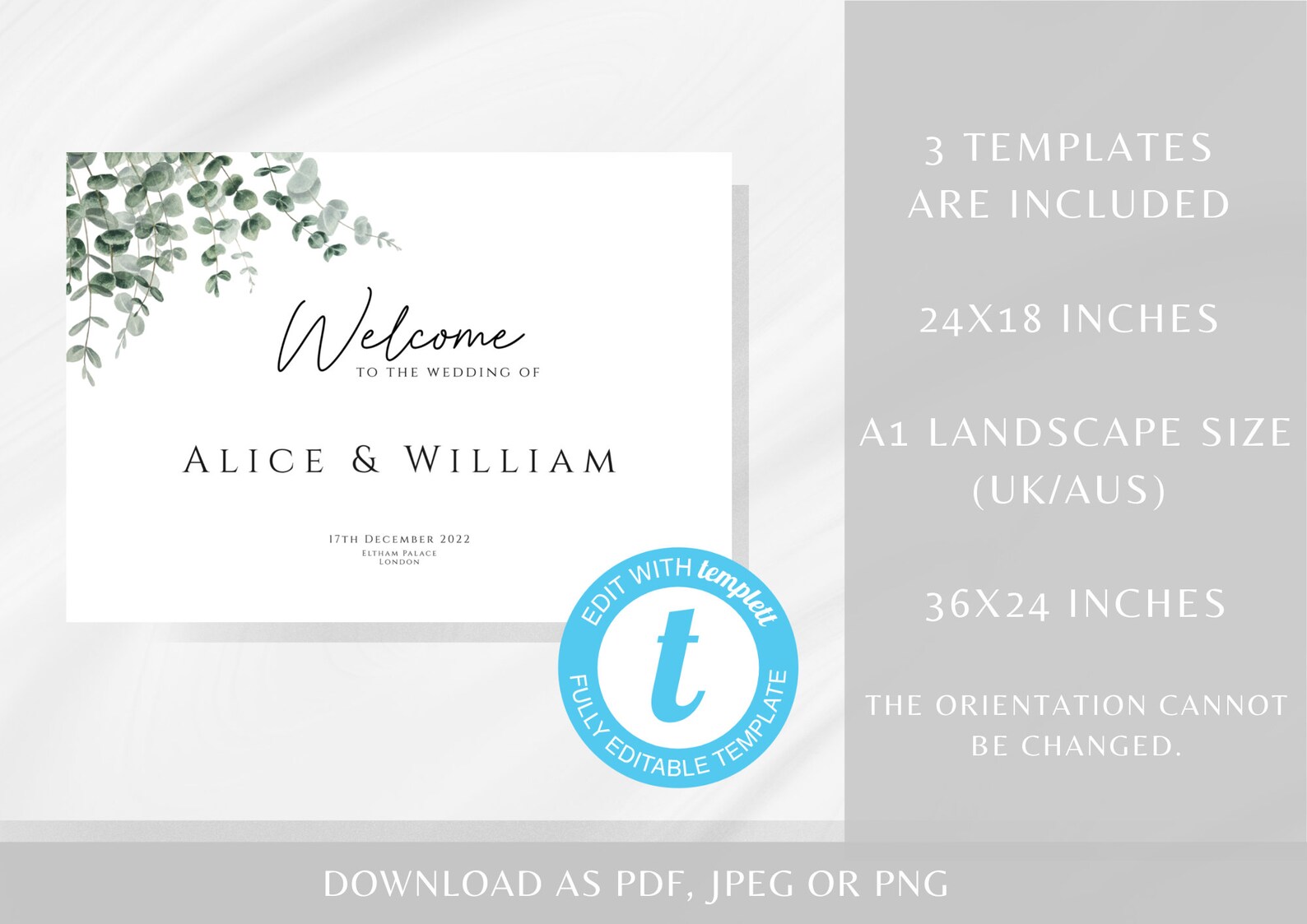 Eucalyptus Wedding Welcome Sign Template Simple Greenery - Etsy