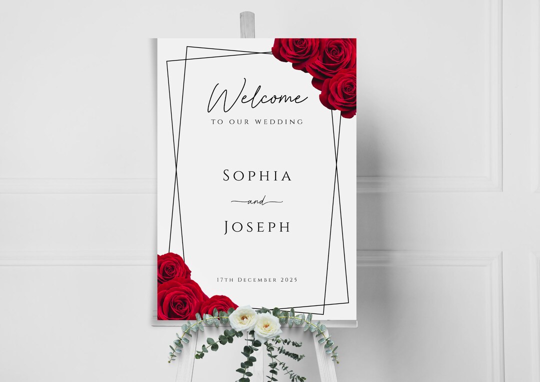 Red Rose Wedding Welcome Sign Template, Black Border Diy Printable ...