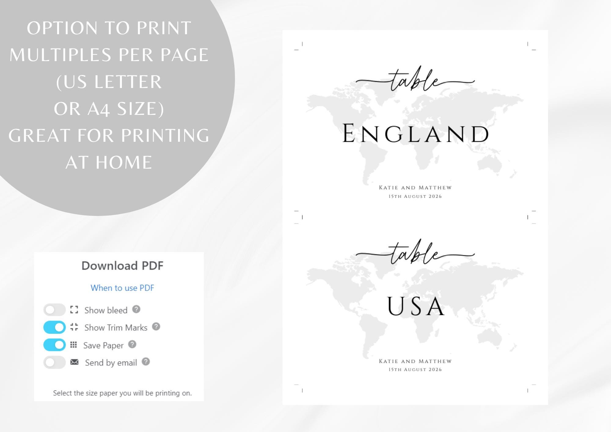 Editable Country Wedding Table Name Template, World Map Table Number ...