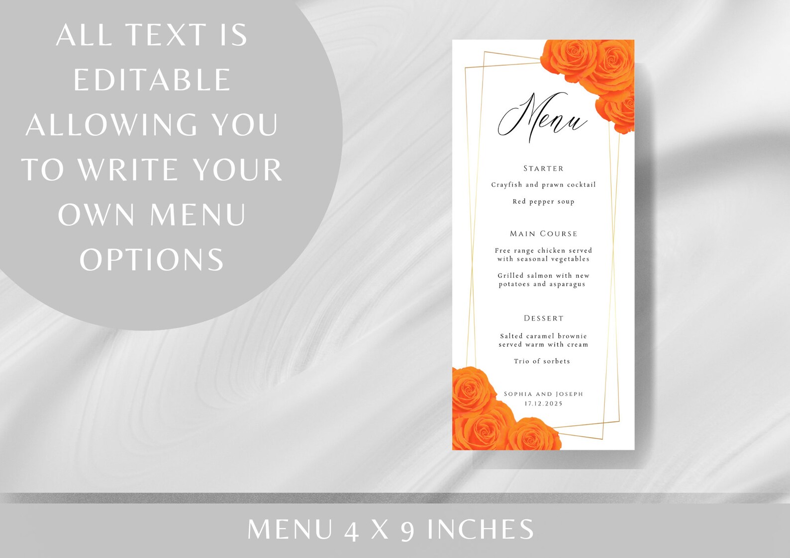 Orange and Gold Menu Template, Orange Rose Tall Wedding Menu Sign, Gold ...