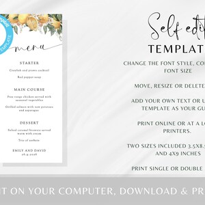 Modèle de menu de mariage citron, menu du dîner modifiable grand citron ...